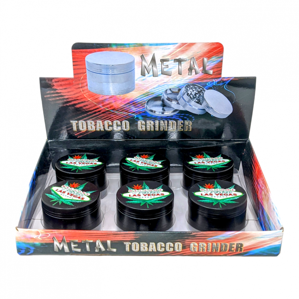 Vegas Leaf Black Matte 4pc Zinc Grinder - 6ct Display | Skygate Wholesale